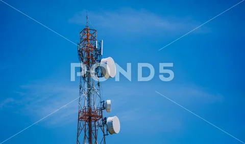 Photograph: 5G Cell Towers for smart mobile telephone on sky background ...