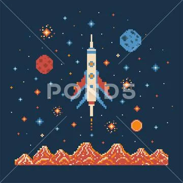 8 bit Pixel Art Rocket in Outer Space Illustration #197990124
