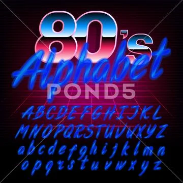 80's retro alphabet font. Glow effect shiny uppercase and lowercase ...