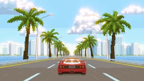 8bit 16bit Pixel Art Glam Car on the Roa... | Stock Video | Pond5