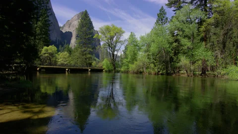 8K water views from Merced river Cathedr... | Stock Video | Pond5