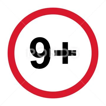 9+ restriction flat sign isolated on white background. Age limit symbol ...
