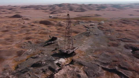 Abandoned oil rig in Kyrgyzstan - aerial... | Stock Video | Pond5