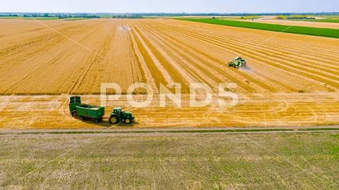 Above view on combine, tractor waits for transshipment as harvester ...