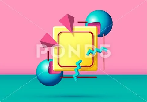 Abstract 90s styled frame with flying 3d objects and shapes. Pink and ...