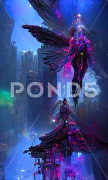 Abstract AI art Angel floating in futuristic sci-fi cyberpunk ...