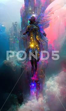 Abstract AI art Angel floating in futuristic sci-fi cyberpunk ...