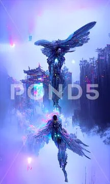 Abstract AI art Angel floating in futuristic sci-fi cyberpunk ...