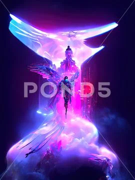 Abstract AI art Angel floating in futuristic sci-fi cyberpunk ...
