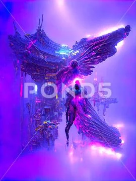 Abstract AI art Angel floating in futuristic sci-fi cyberpunk ...
