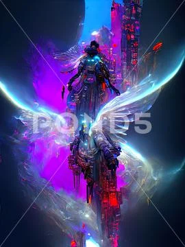 Abstract AI art Angel floating in futuristic sci-fi cyberpunk ...