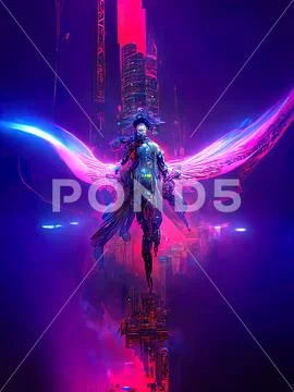 Abstract AI art Angel floating in futuristic sci-fi cyberpunk ...