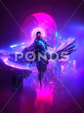 Abstract AI art Angel floating in futuristic sci-fi cyberpunk ...