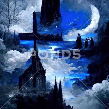 Abstract AI art design neo-gothic night scenery innocent souls, blue ...
