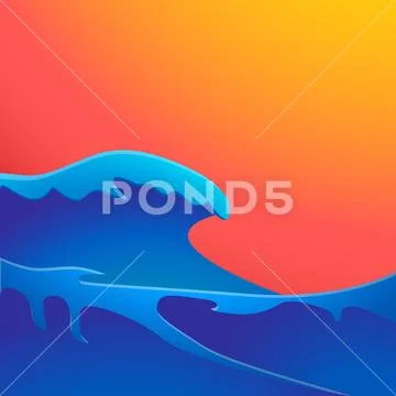 Abstract blue sea big waves with red yellow gradient background ...
