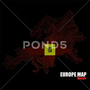 Abstract Europe map with cpu. Circuit board. Technology background ...