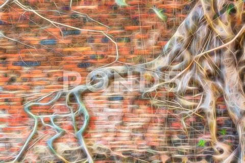Abstract stone wall & tree roots texture ~ Hi Res #115521693