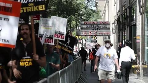 Actors' strike protest outside NBC headq... | Stock Video | Pond5