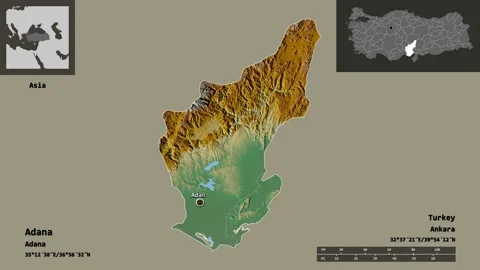 Adana location. Turkey. Relief map | Stock Video | Pond5