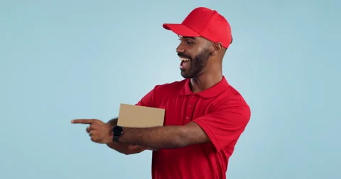 Advertising studio smile, delivery man a... | Stock Video | Pond5