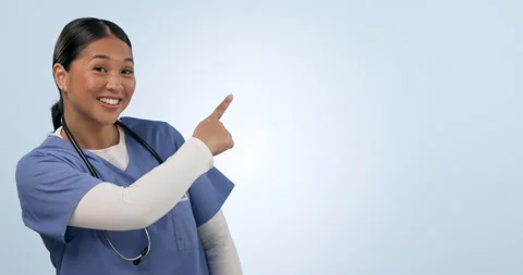 Advice, face and a woman or nurse pointi... | Stock Video | Pond5