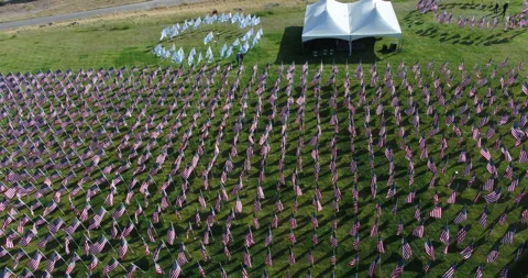 Aerial of 1000 American flags | Stock Video | Pond5