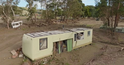 Aerial: Abandoned trailer park destroyed... | Stock Video | Pond5