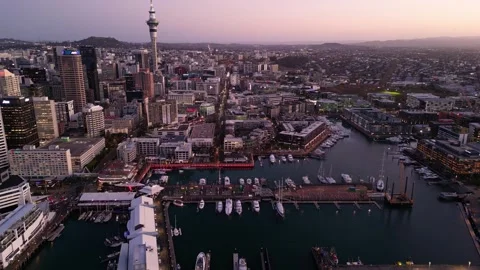 Aerial of Auckland viaduct marina and sk... | Stock Video | Pond5