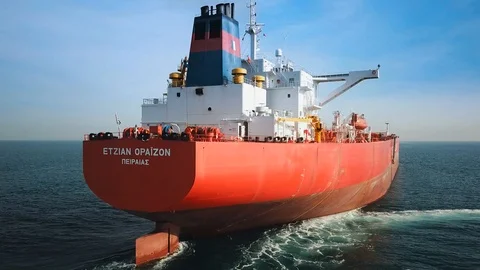 Aerial back view as a red oil tanker plo... | Stock Video | Pond5