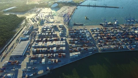 Aerial of Container Ship Terminal Harbor | Stock Video | Pond5