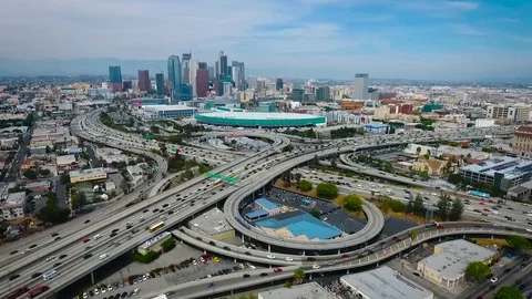 AERIAL DOWNTOWN LOS ANGELES FLY OVER HIG... | Stock Video | Pond5