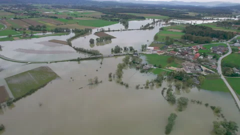 AERIAL: Extensive flooding of farmland a... | Stock Video | Pond5