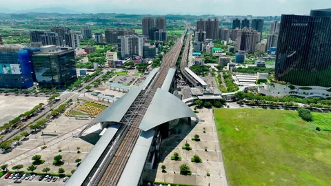 Aerial flyover high speed rail station i... | Stock Video | Pond5