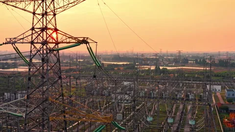 Aerial footage of high voltage power tow... | Stock Video | Pond5