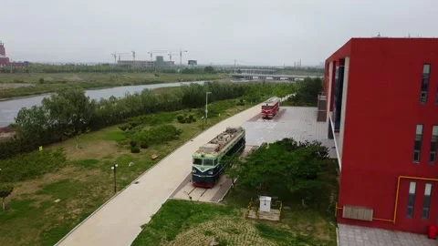 Aerial front view of two exposed locomot... | Stock Video | Pond5