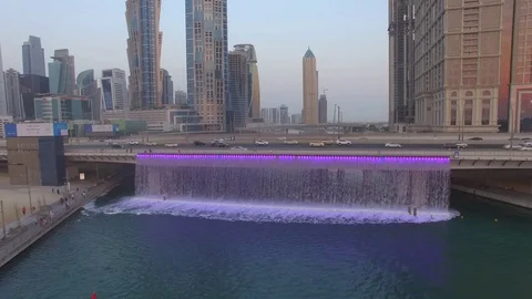 Aerial. Illuminated Waterfall at the She... | Stock Video | Pond5