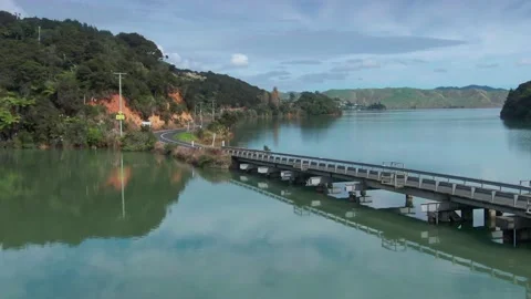 Aerial: Kawhia Harbour and road bridge, ... | Stock Video | Pond5