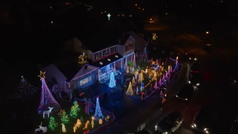 Aerial orbit of light show at house. Chr... | Stock Video | Pond5