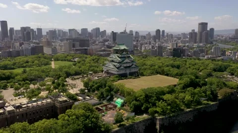 Aerial of Osaka Castle with trees, park,... | Stock Video | Pond5