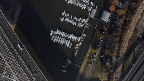 Aerial overhead shot ov a river with boa... | Stock Video | Pond5
