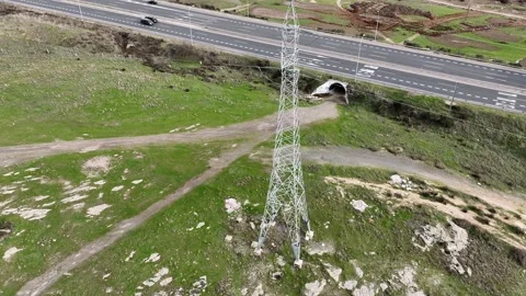 Aerial overview of transmission towers: ... | Stock Video | Pond5