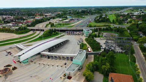 Aerial pan down at customs at border, Fo... | Stock Video | Pond5