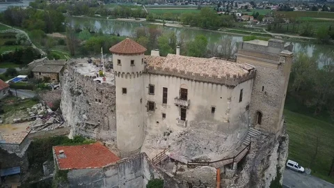 Aerial pan down medieval castle heritage... | Stock Video | Pond5