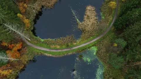 Aerial of path between two forest lakes ... | Stock Video | Pond5