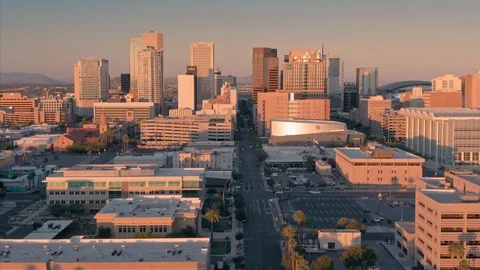 Aerial: Phoenix city skyline at sunset, ... | Stock Video | Pond5