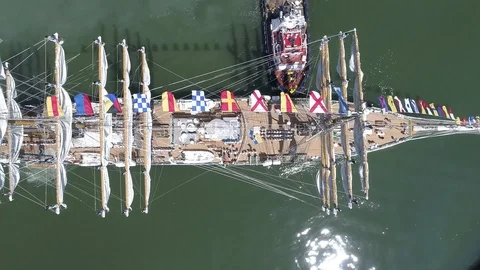 Aerial plan of freedom frigate arriving ... | Stock Video | Pond5