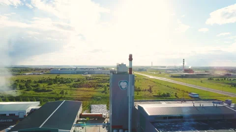 aerial plant buildings smoke pipe tower ... | Stock Video | Pond5