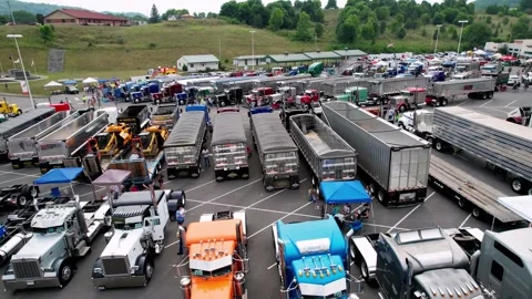 Aerial Push over Diesel Big Rigs at the ... | Stock Video | Pond5