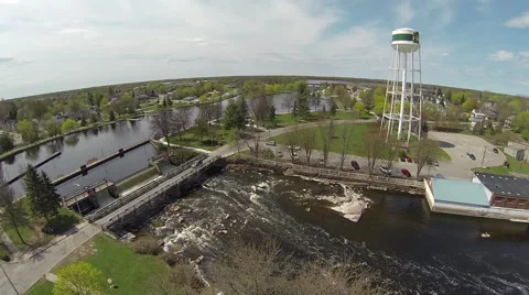 Aerial of River Locks and roads and brid... | Stock Video | Pond5