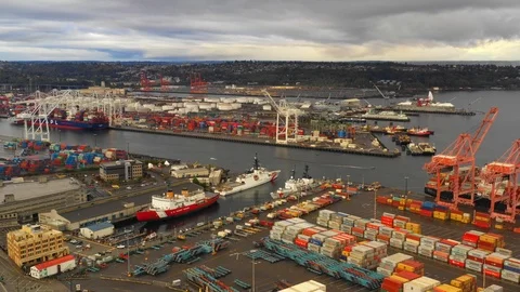 Aerial Seattle port and coast guard base... | Stock Video | Pond5